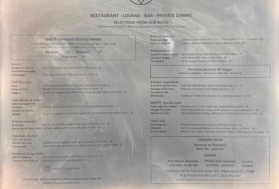 SHŌTŌ Washington DC Restaurant Menu – Sushi, Wagyu & Robata Grill